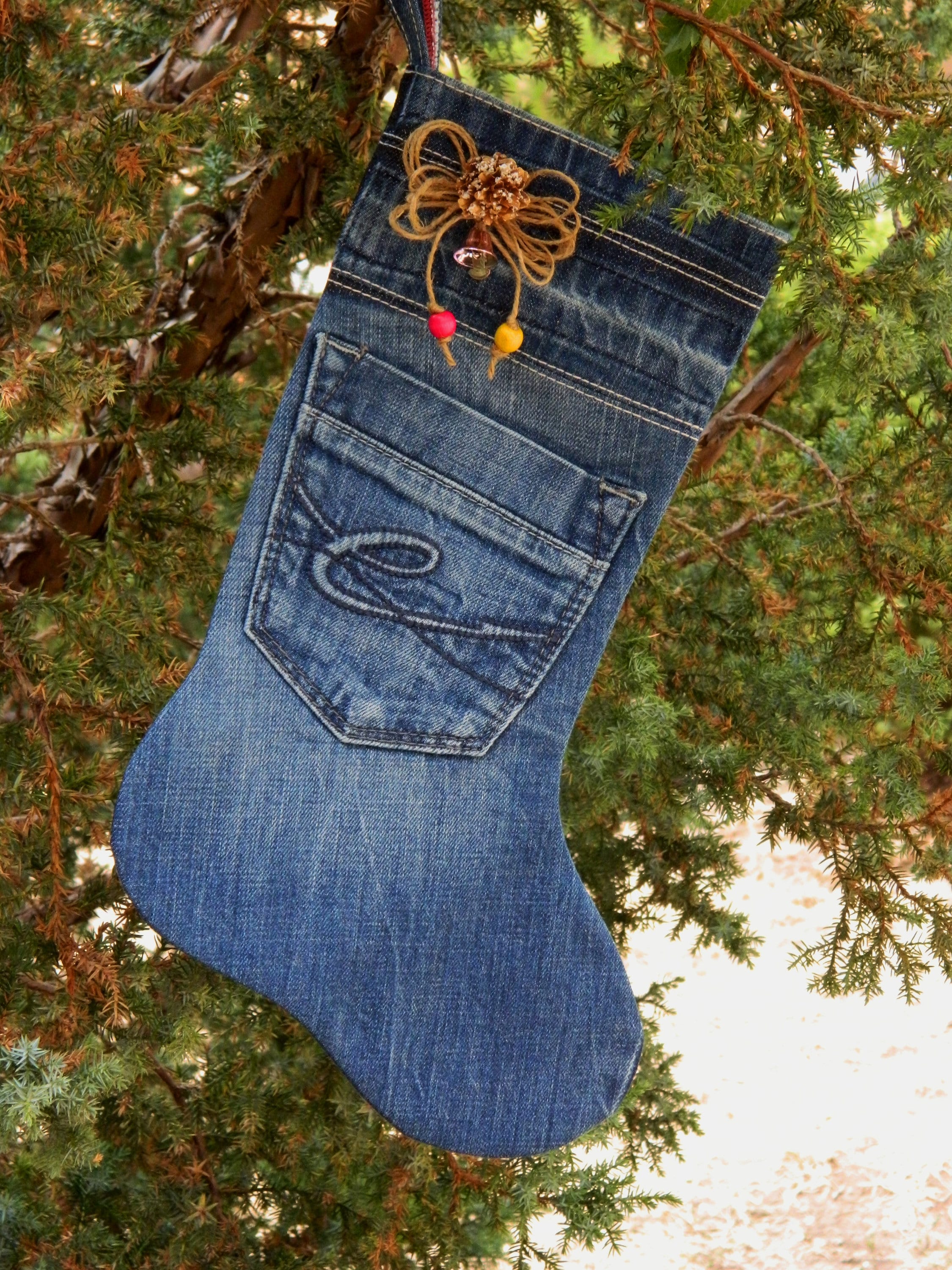 Recycled Blue Jean Christmas Stocking Whit Pocket Handmade - Etsy