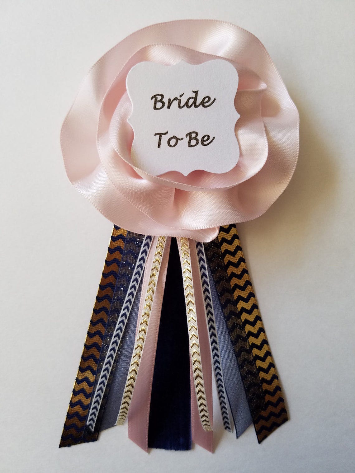 Navy Blue, Blush and Gold Chevron Bride to Be Ribbon Pin Corsage Bridal ...