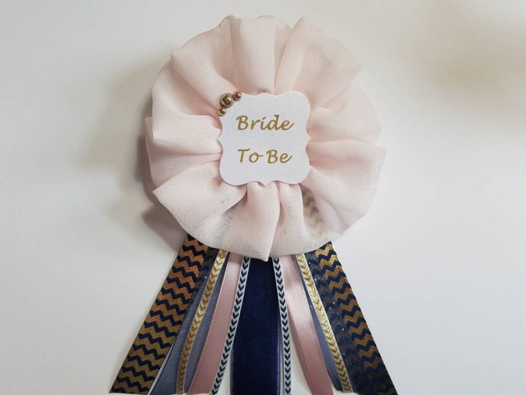 Navy Blue, Blush and Gold Chevron Bride to Be Ribbon Pin Corsage Bridal ...
