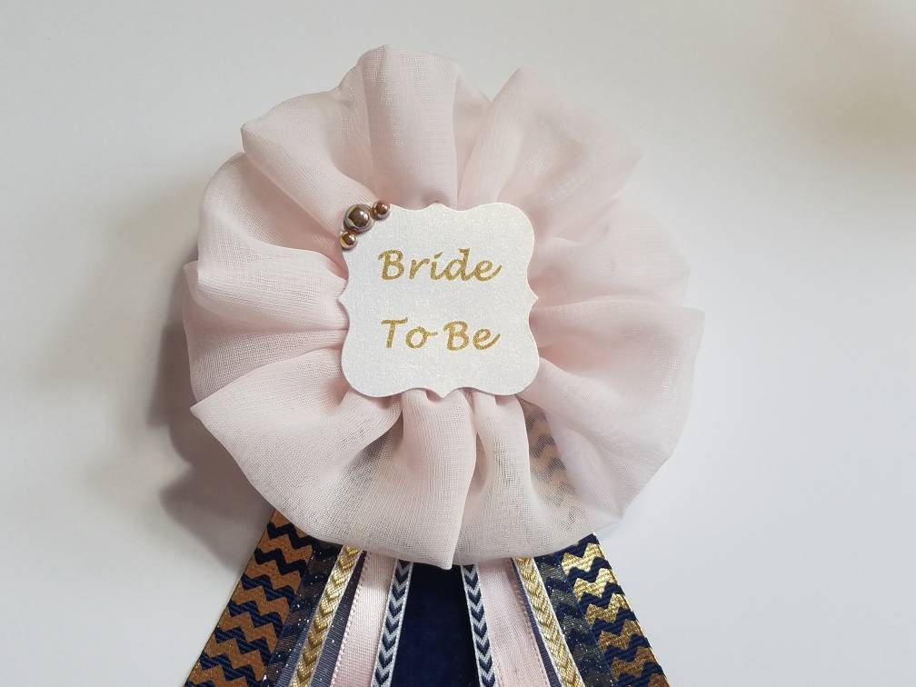Navy Blue, Blush and Gold Chevron Bride to Be Ribbon Pin Corsage Bridal ...