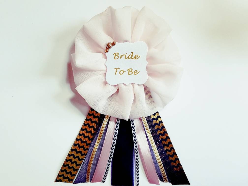 Navy Blue, Blush and Gold Chevron Bride to Be Ribbon Pin Corsage Bridal ...