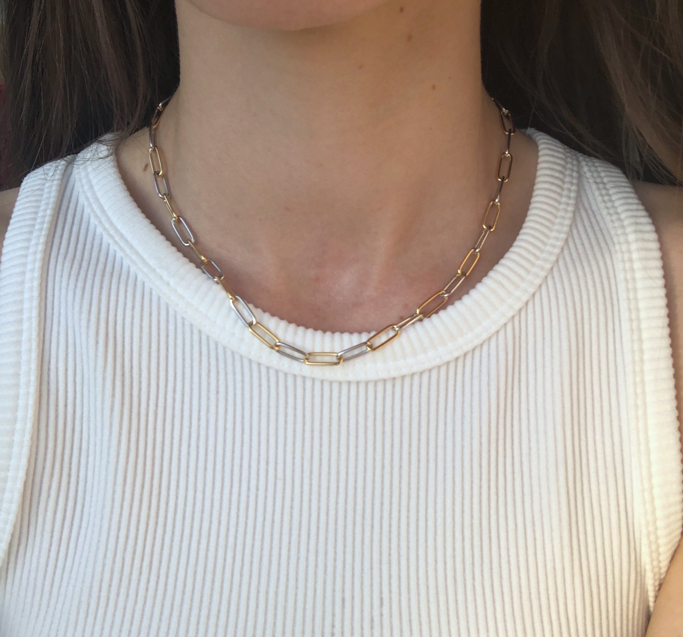 Paper Clip Choker Two Tone Necklace Gold Silver Link | Etsy