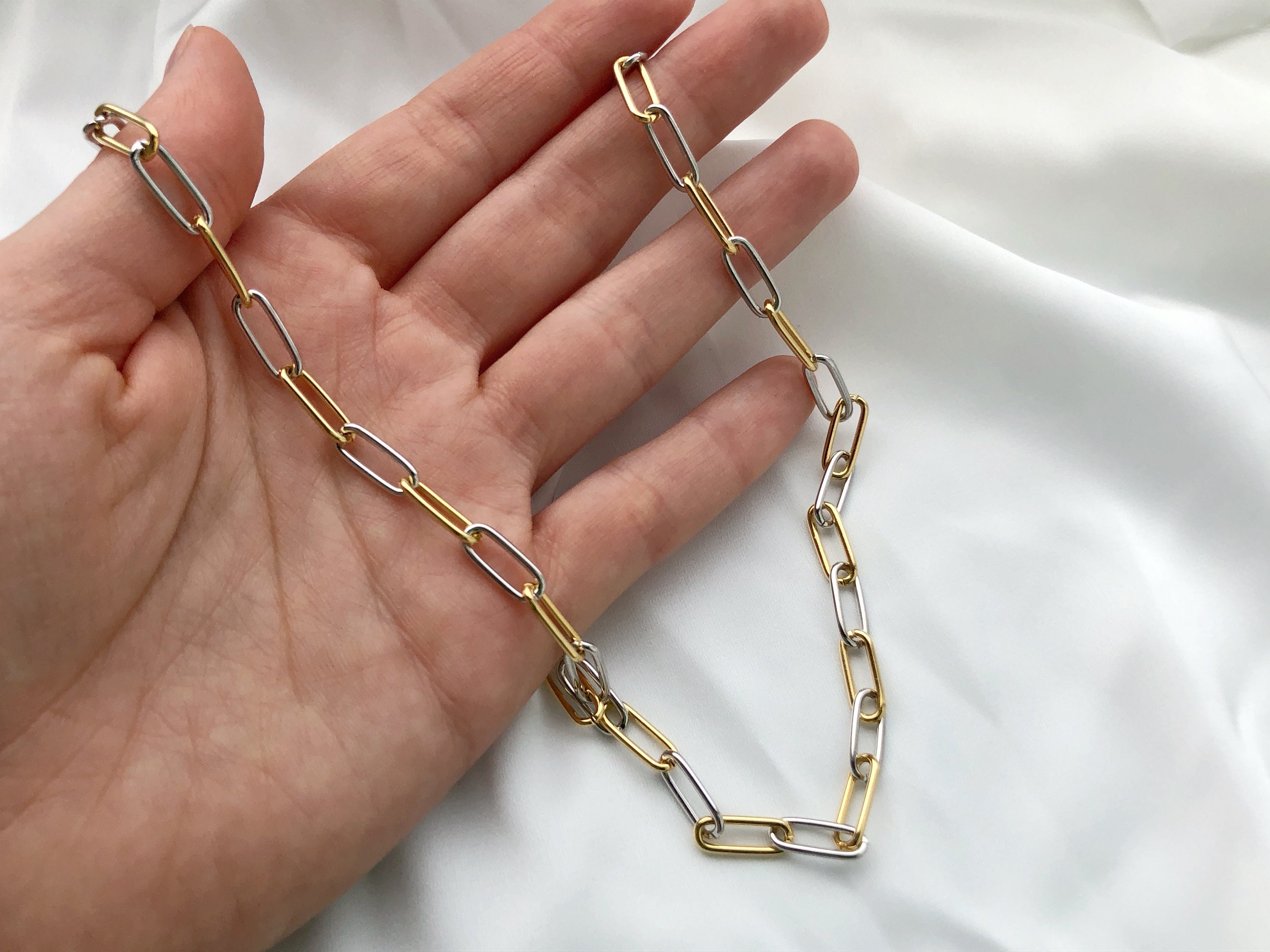 Paper Clip Choker Two Tone Necklace Gold Silver Link | Etsy