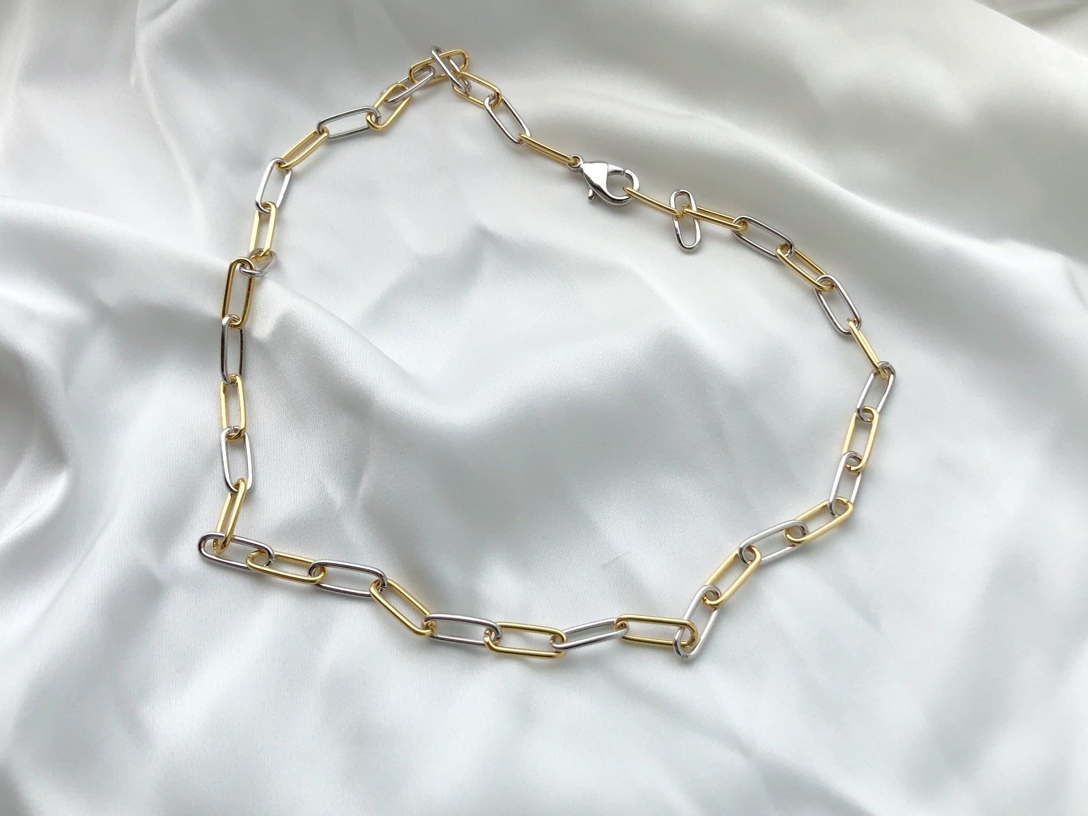 Paper Clip Choker Two Tone Necklace Gold Silver Link | Etsy