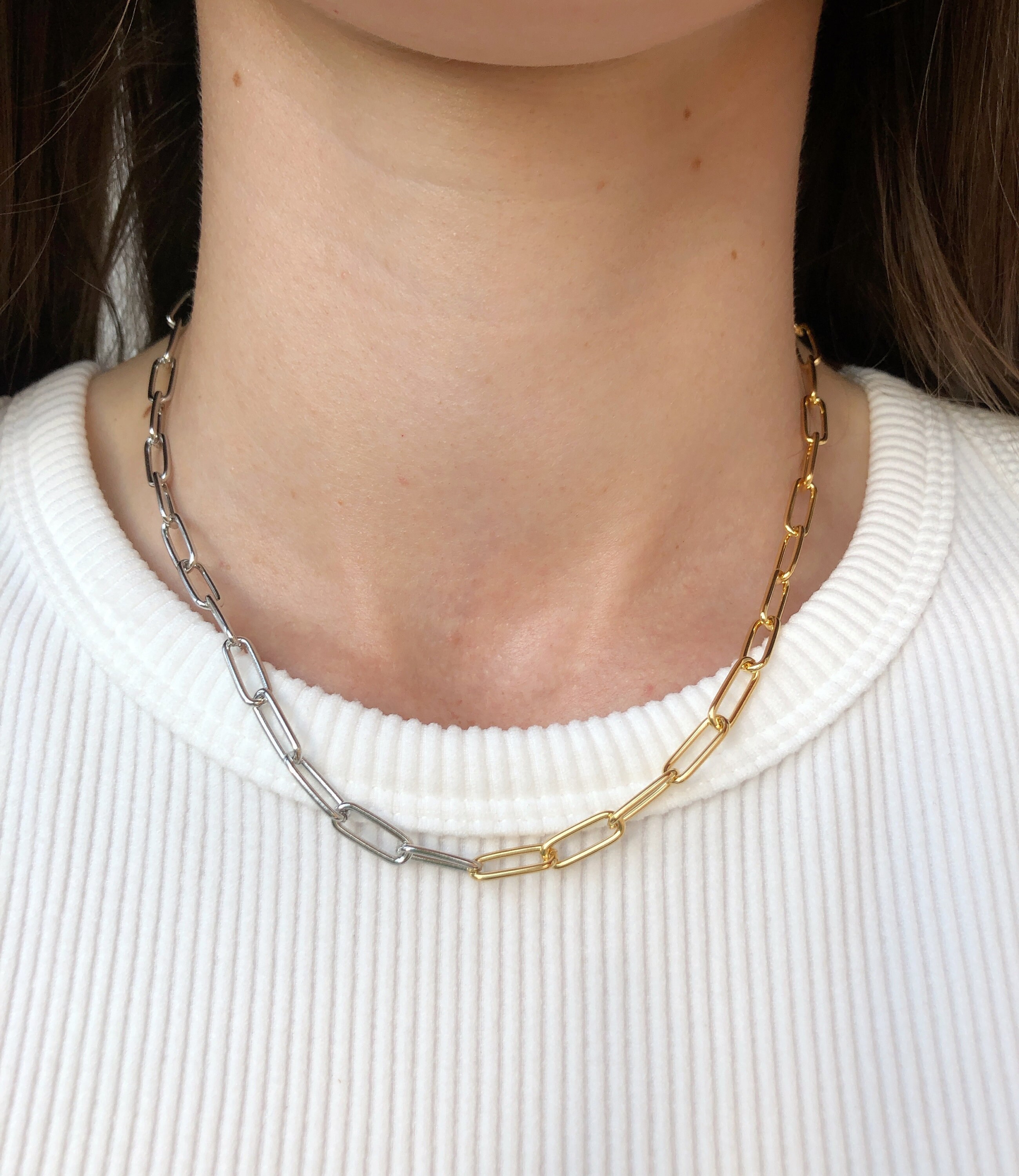 Paper Clip Choker Two Tone Necklace Gold Silver Link | Etsy