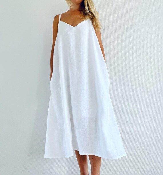 White Linen Dress / Washed Linen Summer Dress / Midi Linen - Etsy