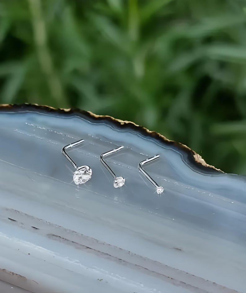 Tiny CZ Nose Pin Ring | 1.5mm 2mm 3mm Silver or Gold L-shape Nose Stud ...