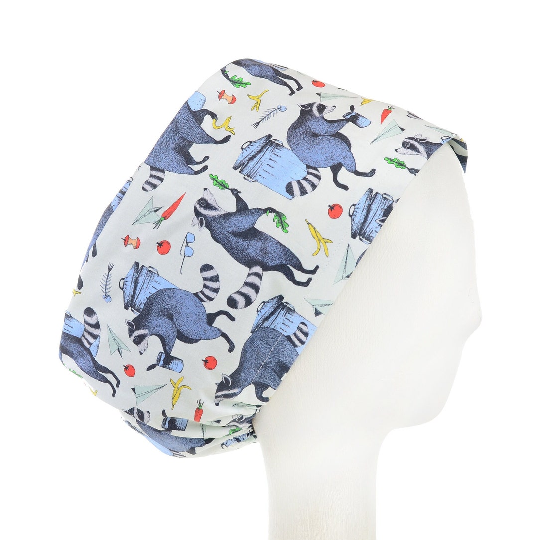 Raccoon Ruckus, Satin Lined Option Scrub Cap, Euro Style Adjustable ...