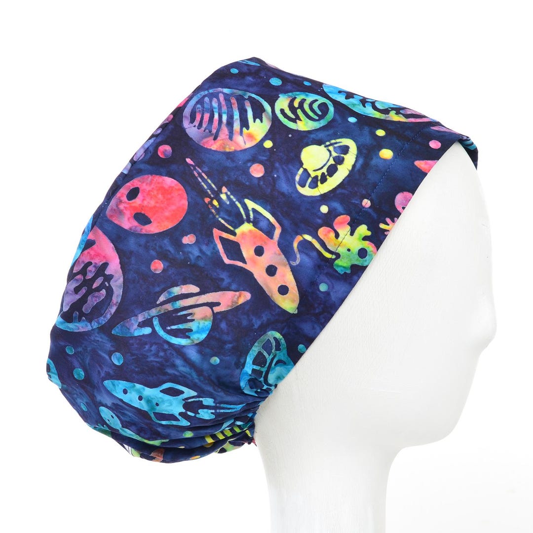 Outer Space Batik Satin Lined Scrub Cap, Euro Style Adjustable Surgical ...