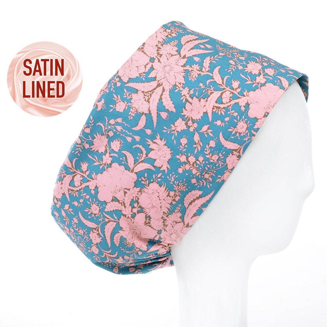 Prussian Bouquet Satin Lining Scrub Cap, Euro Style Adjustable Surgical ...