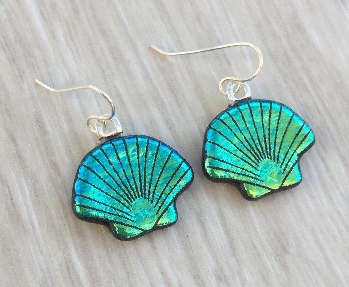 Green Scallop Shell Laser Engraved Etched Dichroic Fused Glass | Etsy