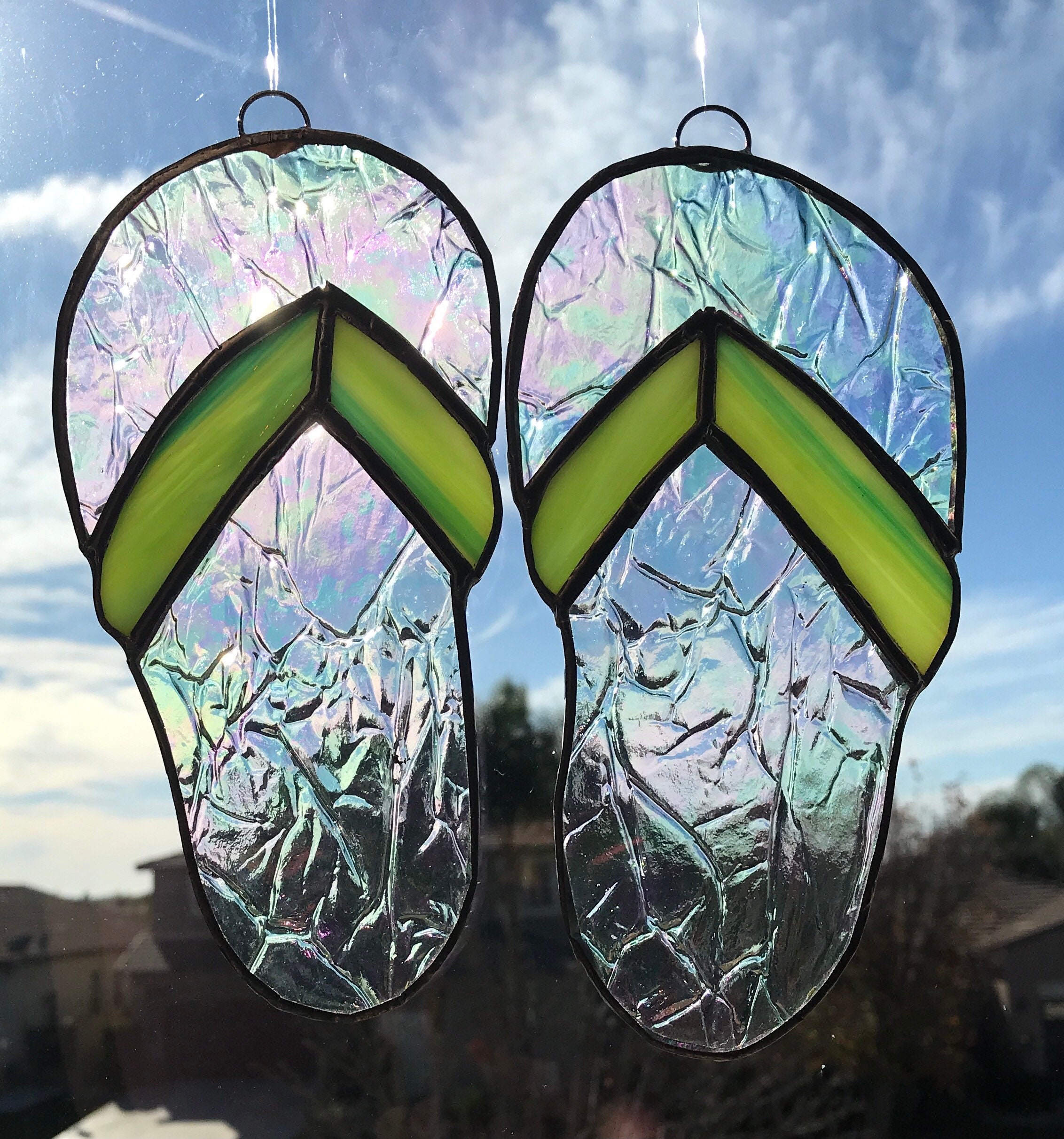 Stained Glass Sun Catcher Flip Flop Sandals Green And Aqua Etsy