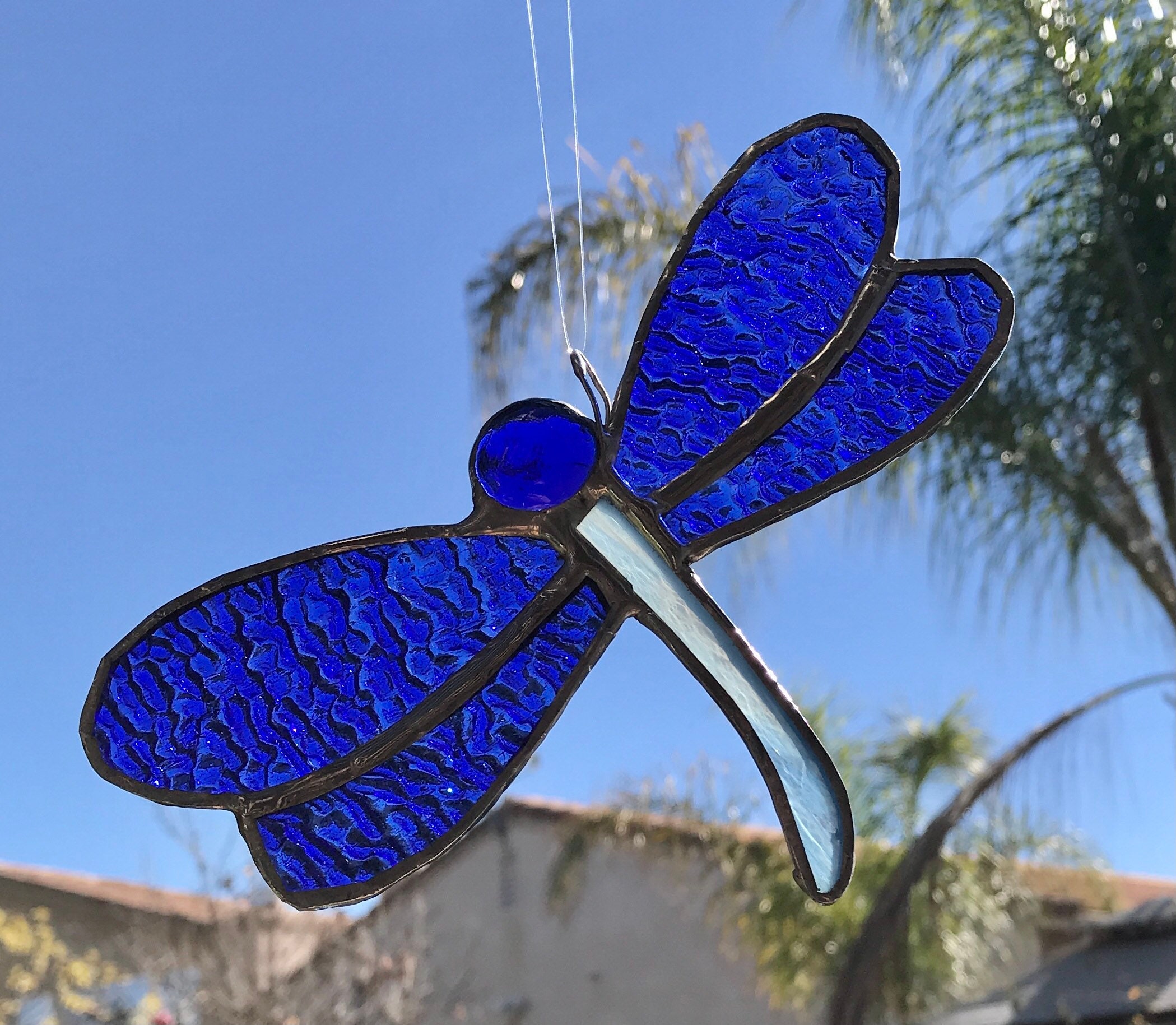 Cobalt Aqua Blue Ripple Texture Dragonfly Stained Glass Sun | Etsy