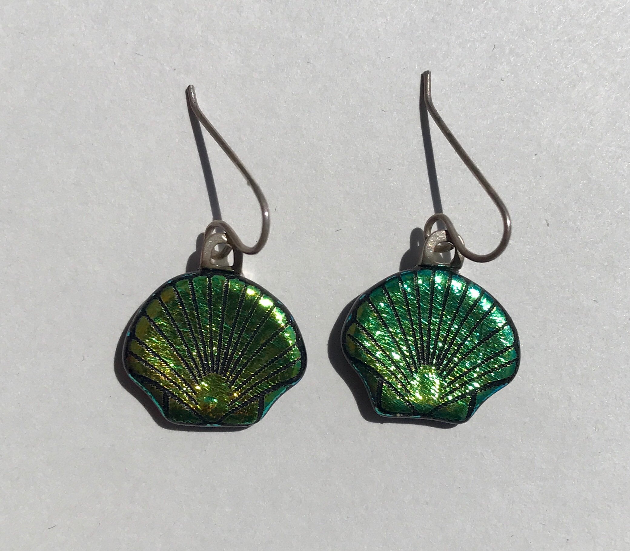 Green Scallop Shell Laser Engraved Etched Dichroic Fused Glass Earrings ...
