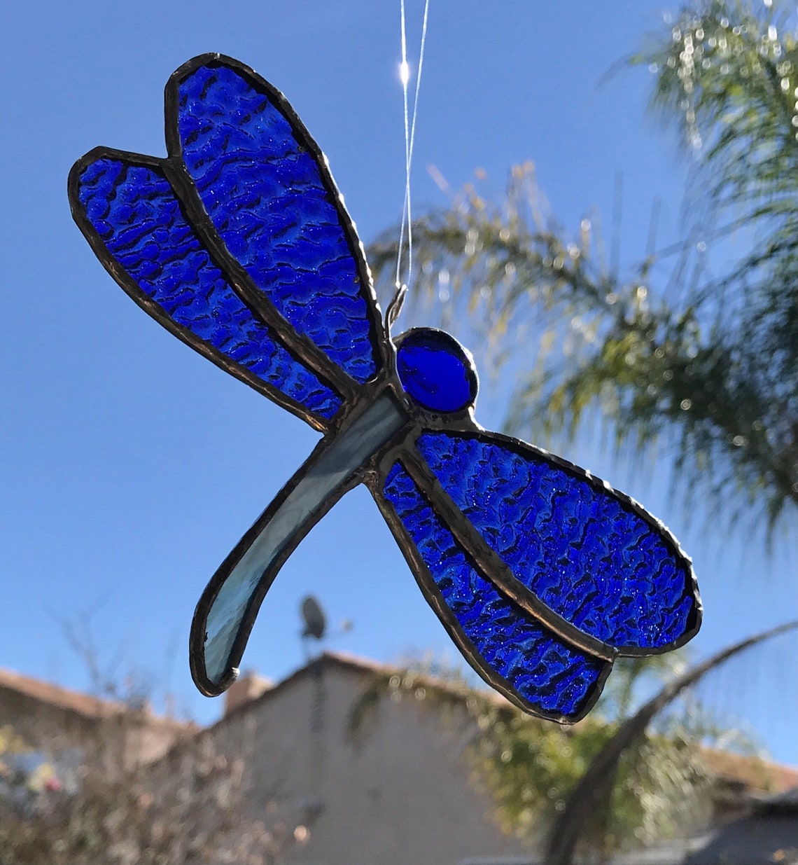 Cobalt Aqua Blue Ripple Texture Dragonfly Stained Glass Sun | Etsy