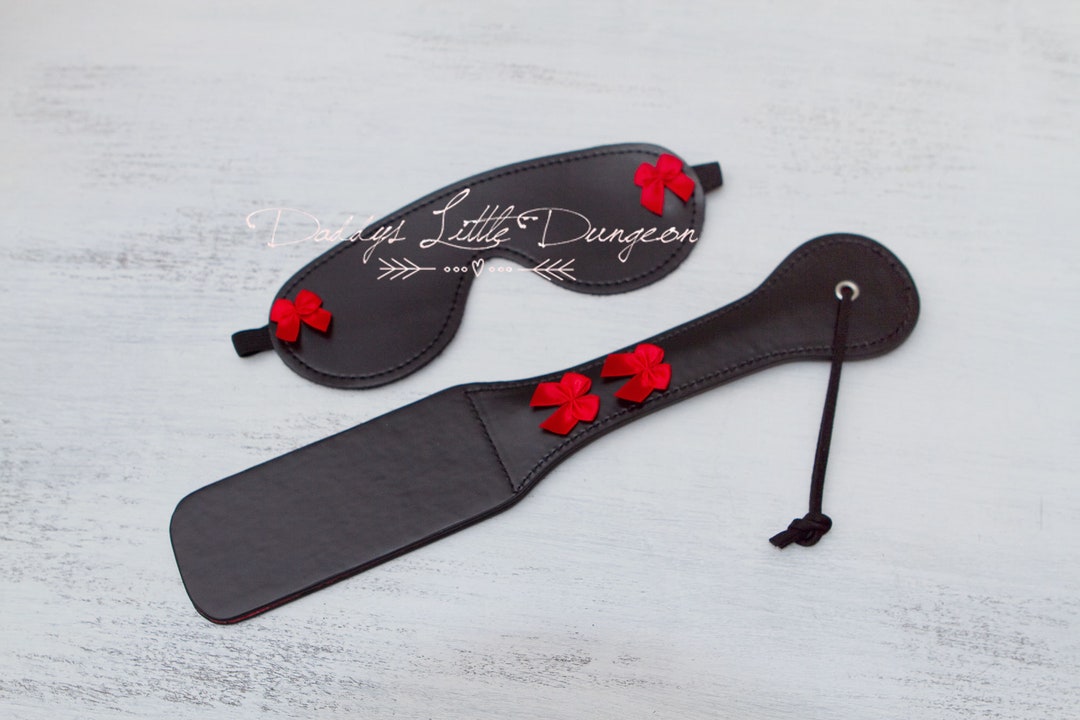 BDSM Sub Bondage Set ~ Spanking Paddle Flogger & Eye Mask Blindfold ...