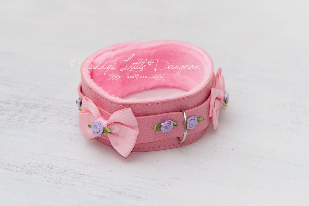 Ddlg Pretty Pink Furry Bdsm Bondage Collar Roses Bows Submissive Master