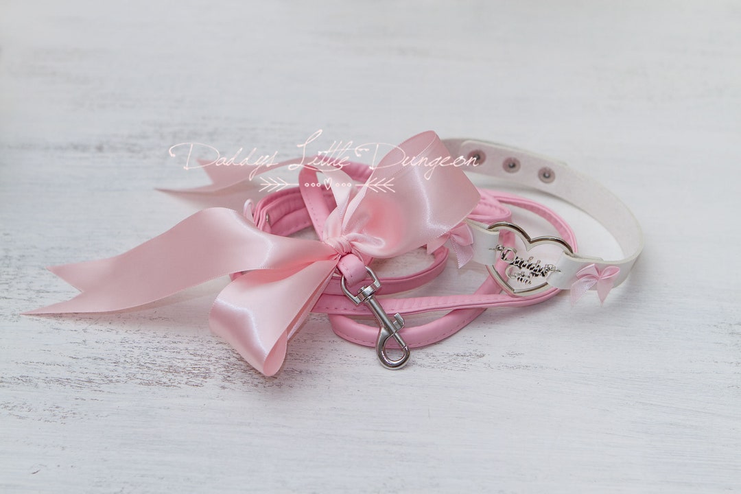 Pretty White Pink BDSM Daddy's Girl Collar & Leash Set - Bows for Sub ...