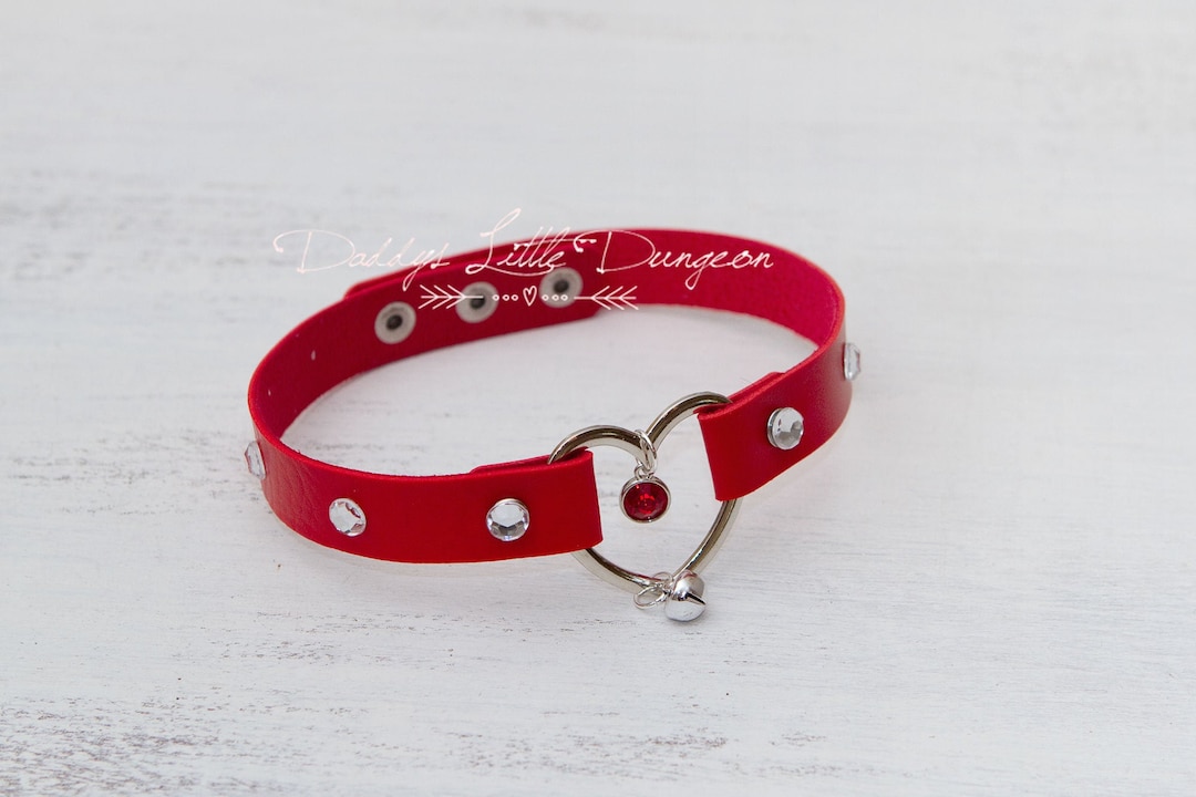 Custom Red BDSM Collar With Personalized Tag - Rhinestone Bell Kitten ...