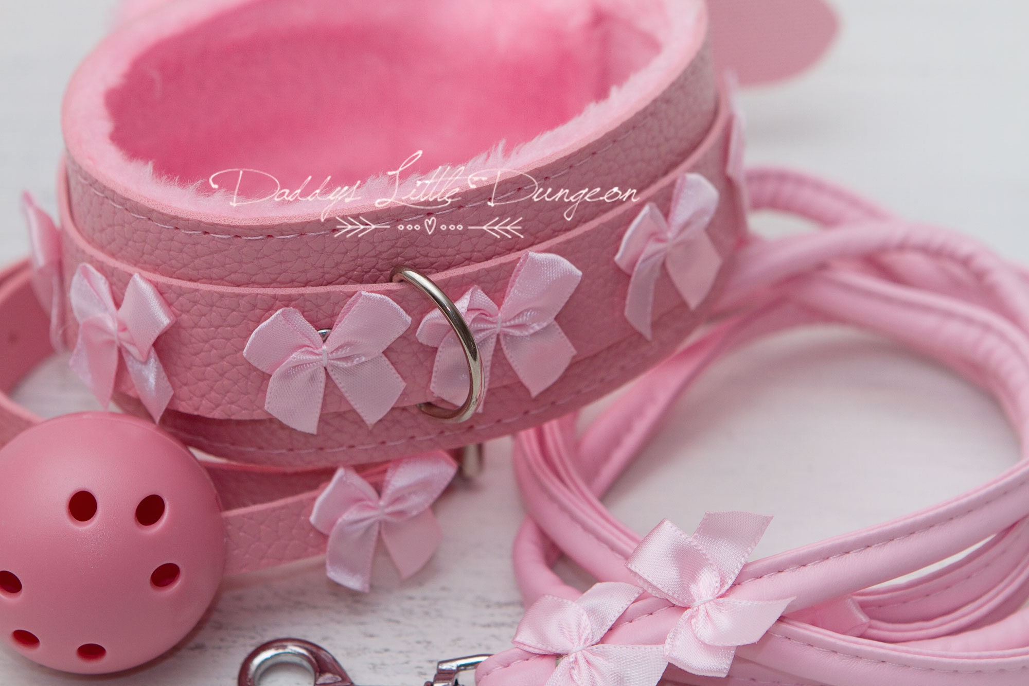Ddlg Pretty Pink Furry Bdsm Bondage Collar Leash And Ball Gag Etsy