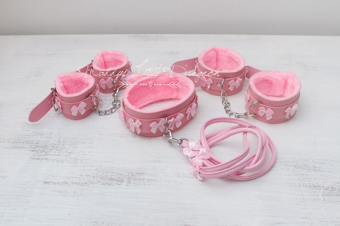 Pink BDSM Collar, Leash, Fluffy Handcuffs, Ankle Cuffs - Cute DDLG ...