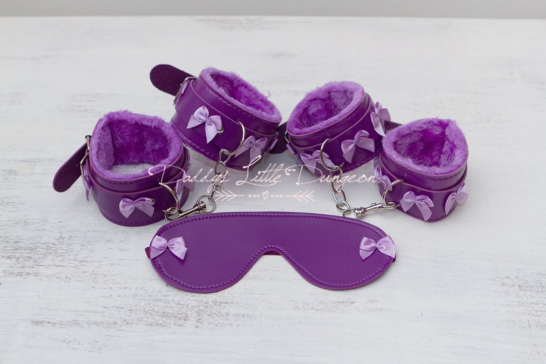 Purple BDSM Bondage Set ~ Fuzzy Handcuffs for Wrist, Fur Ankle Cuffs ...