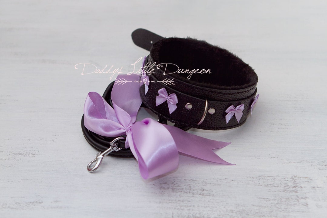 Custom DDLG Collar & Leash - Fluffy BDSM Set - Black and Purple Fuzzy ...