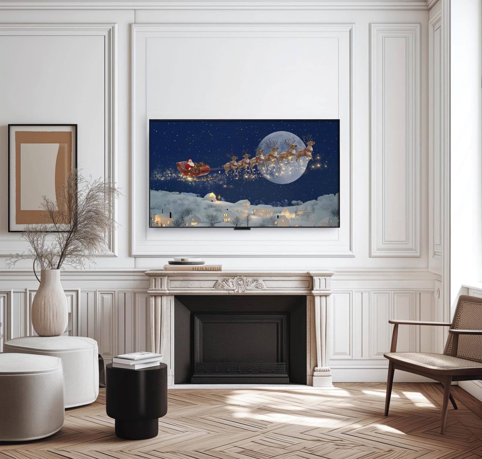 Frame TV Art Christmas, Santa Sleigh With Reindeers Vintage Oil ...