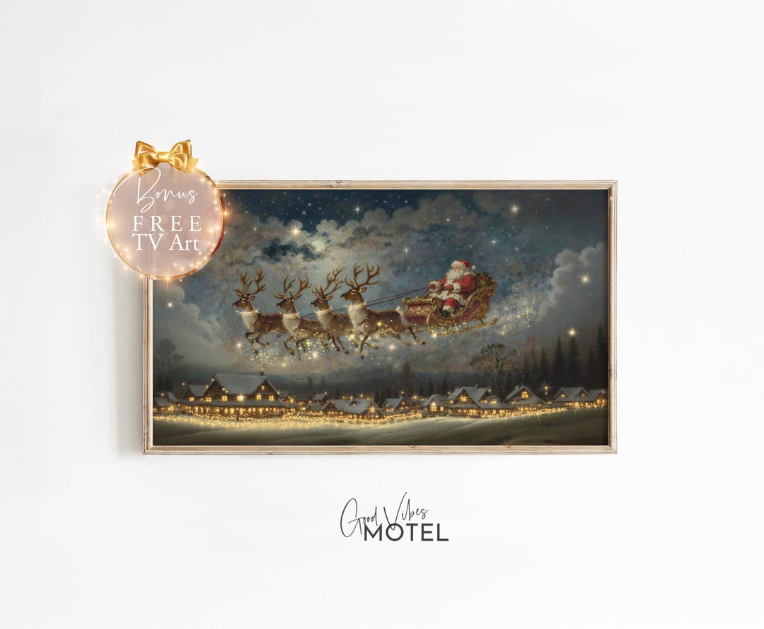 Christmas Frame TV Art Santa and Reindeer Flying Over Snowy Village ...