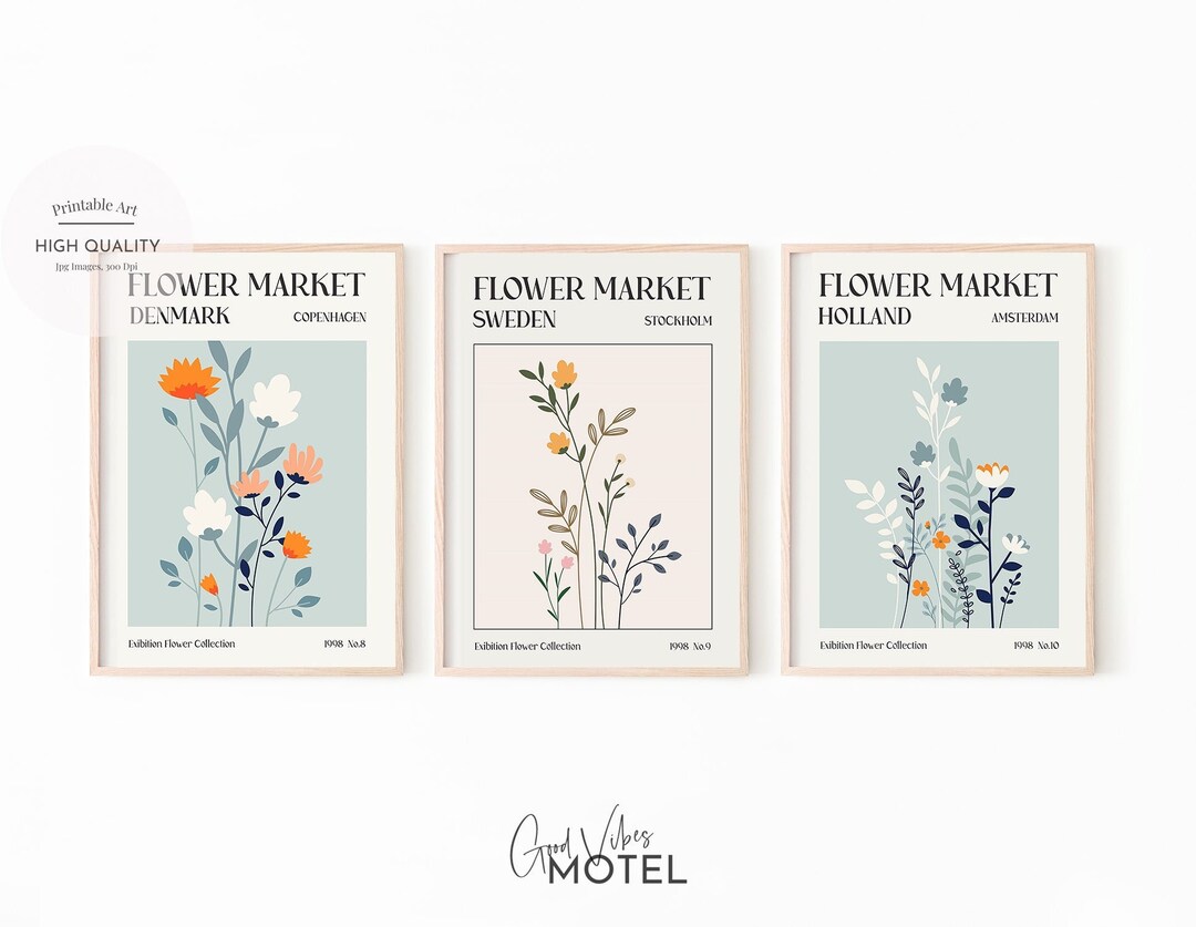 Flower Market Print Set, Flower Market Poster, Floral Art Poster, Retro ...