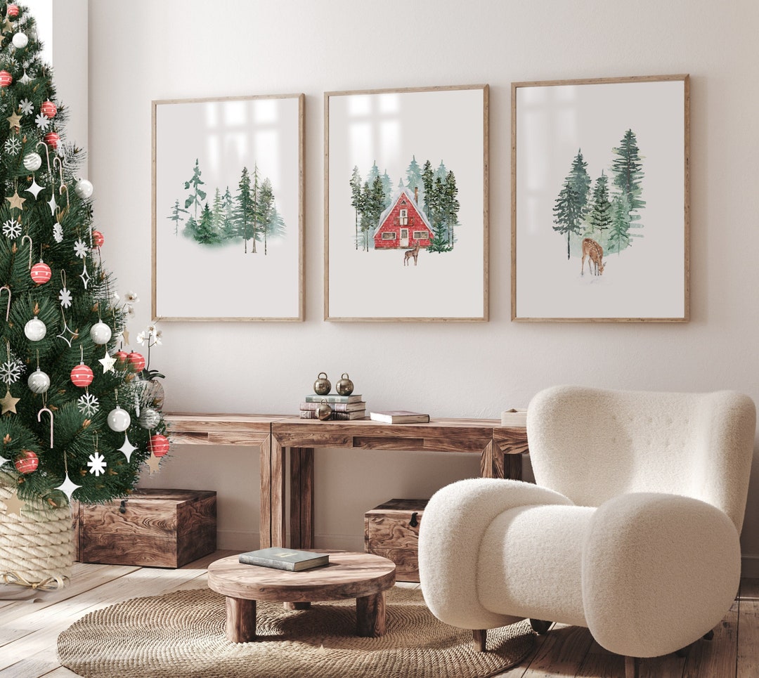 Winter Set of 3 Wall Art, Reindeer Print, Snowy Forest Print, Christmas ...