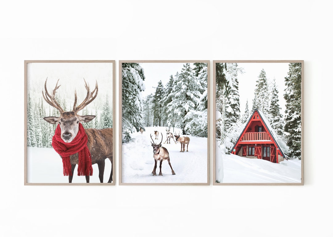 Winter Theme Prints, Set of 3 Winter Wall Art, Reindeer Print in Snow ...
