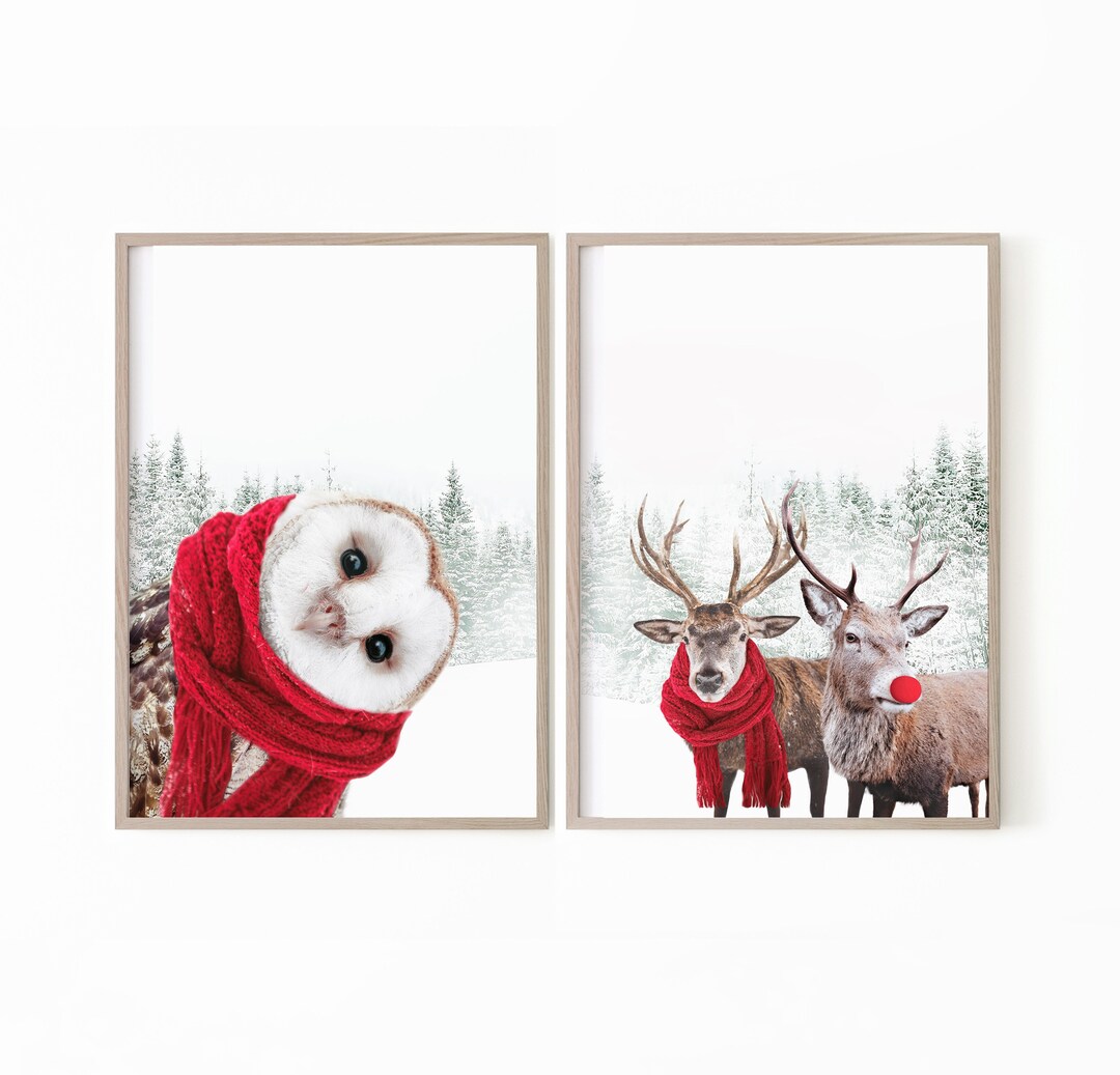 Printable Christmas Set of 2 Wall Art, Reindeer Print in Snow, Winter ...