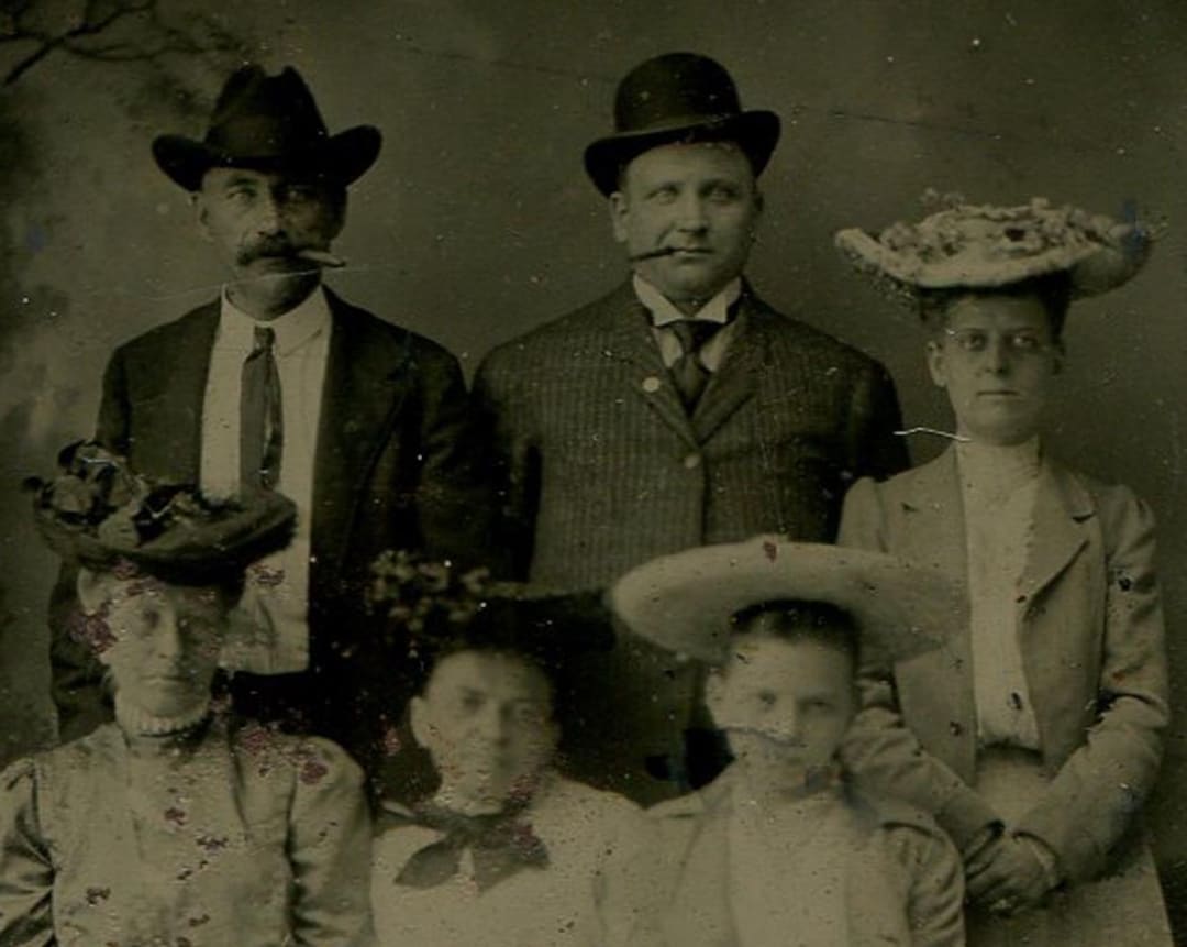 Group Photo, Everyone in Hats, One Umbrella, Men Smoking Cigars ...