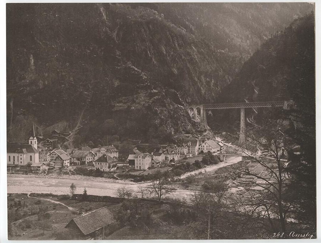 8x10 Beautiful Vint Photo/scene Mountainside/bridge/river/train Trellis ...