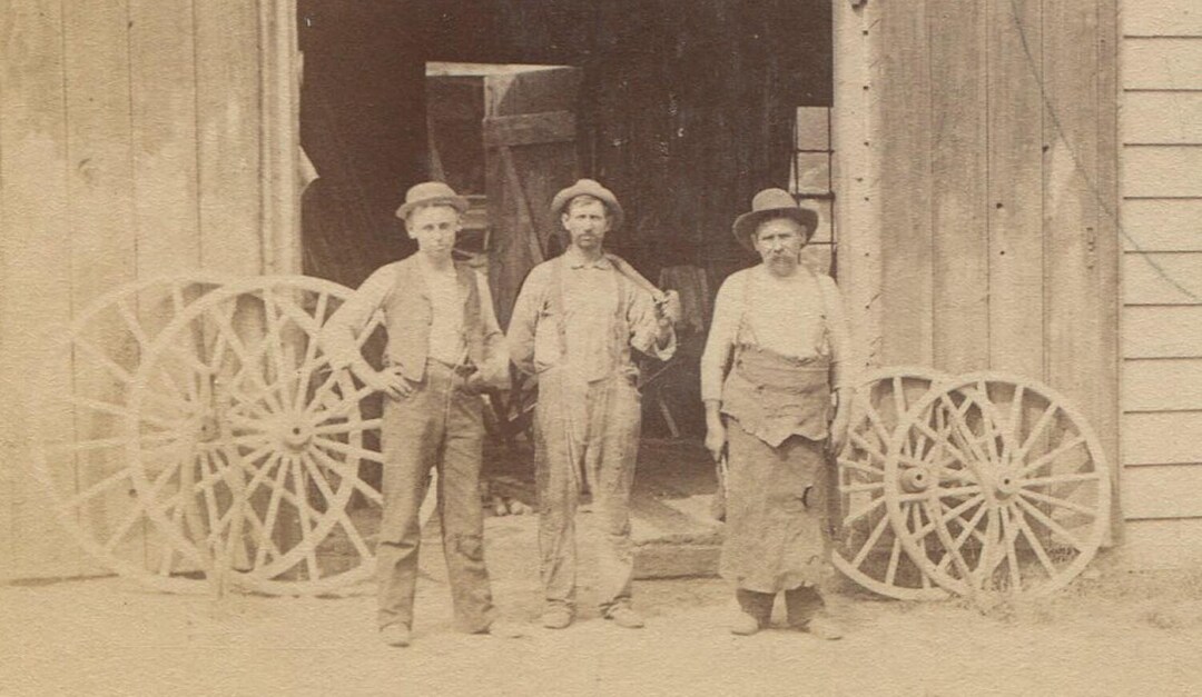 Blacksmith Shop Exterior. Workers With Wheels at Door. Cabinet Card. N ...