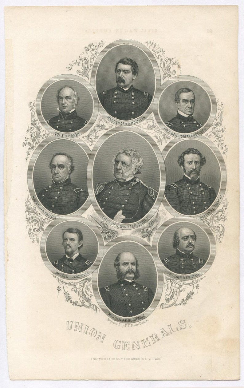 Vintage Union Generals Lithograph 9.25x5.25 in - Original Era Civil War ...