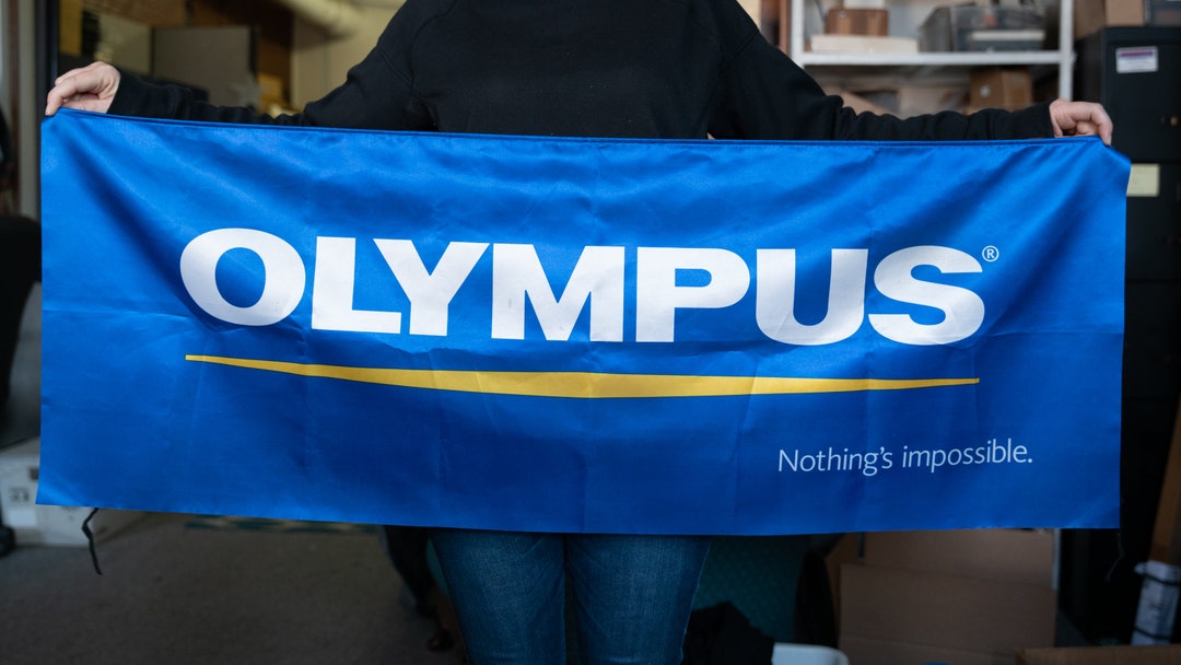 Vintage Olympus Camera Banner - Blue, White, and Yellow - 16 1/2in X 45 ...