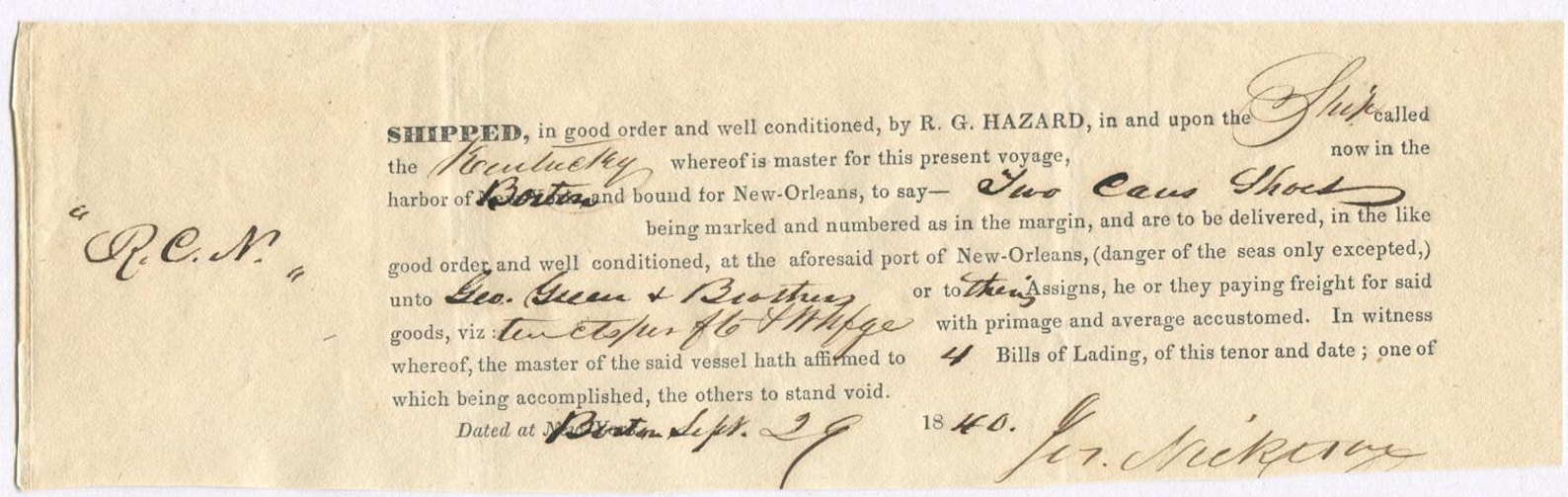 Vintage 1840 Bill of Lading: Rowland Hazard, Clothing for Enslaved ...