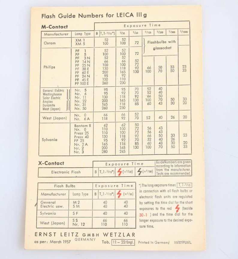 Leica Flash Guide Numbers for Iiig - English 1958 , Vintage Original - Etsy