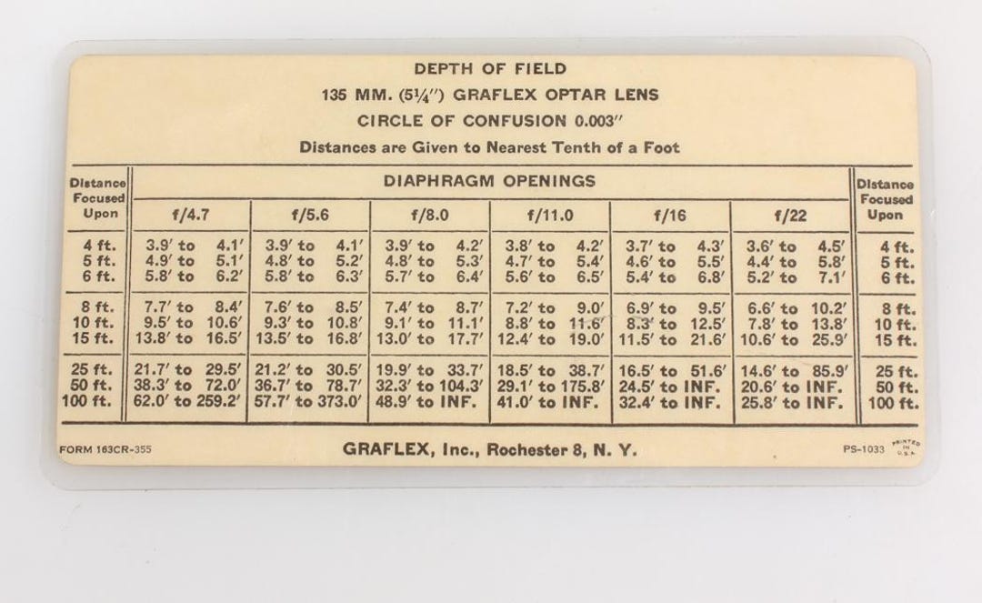 Graflex 135mm Optar Lens Depth of Field Guide Card Chart Table - Etsy