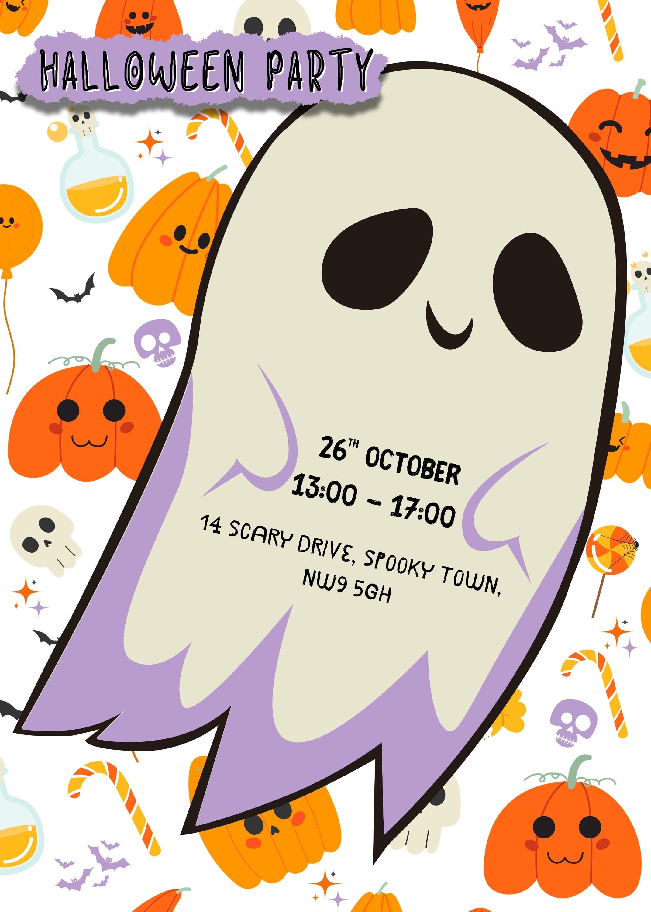 Editable Kids Halloween Party Invite, Pumpkin and Ghost Theme ...