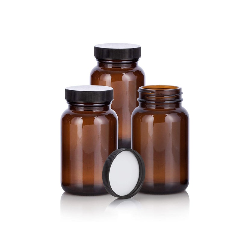 Amber Glass Pill Bottle: 5 Oz Vitamin Jar With Black Cap - Etsy