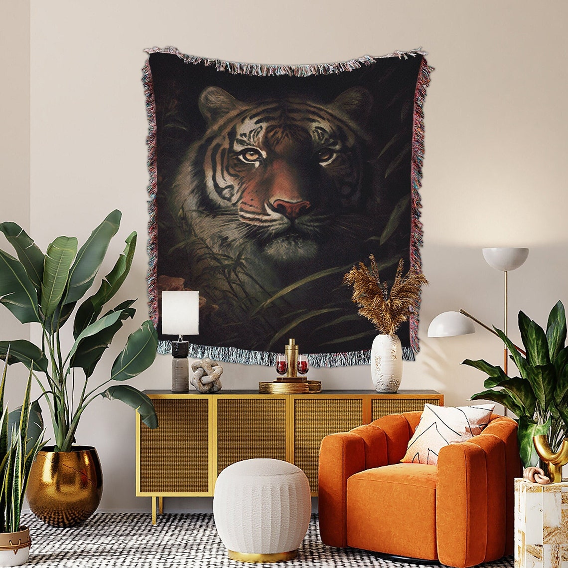 Tiger Lurks Blanket: Woven Throw Blanket, Woven Wall Hanging, Boho ...