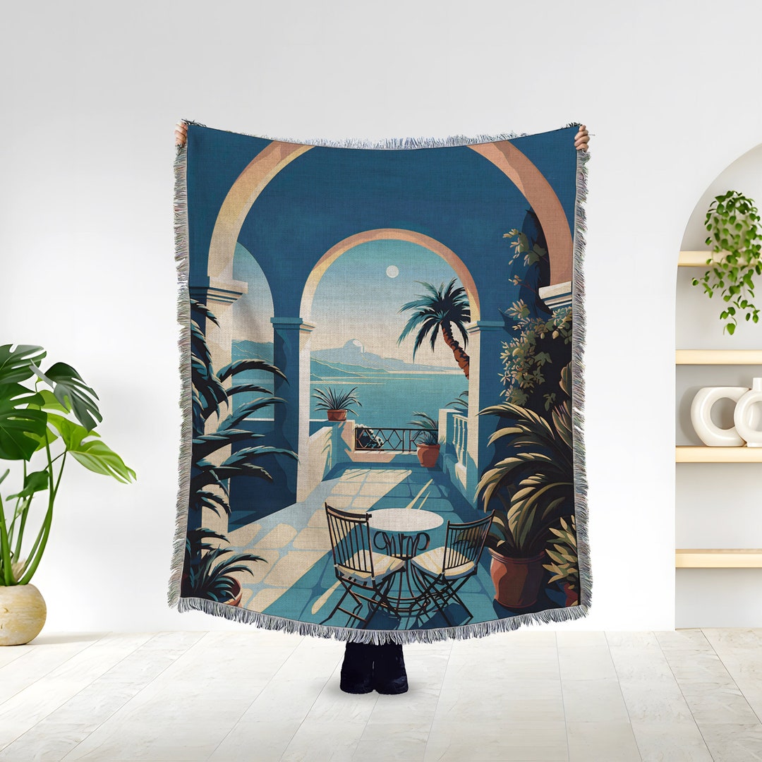 Santorini Vibes Woven Blanket Greek Wall Decor Woven Blanket Tapestry ...