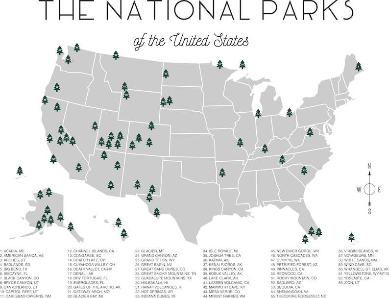 National Parks Map Checklist - Print - Etsy