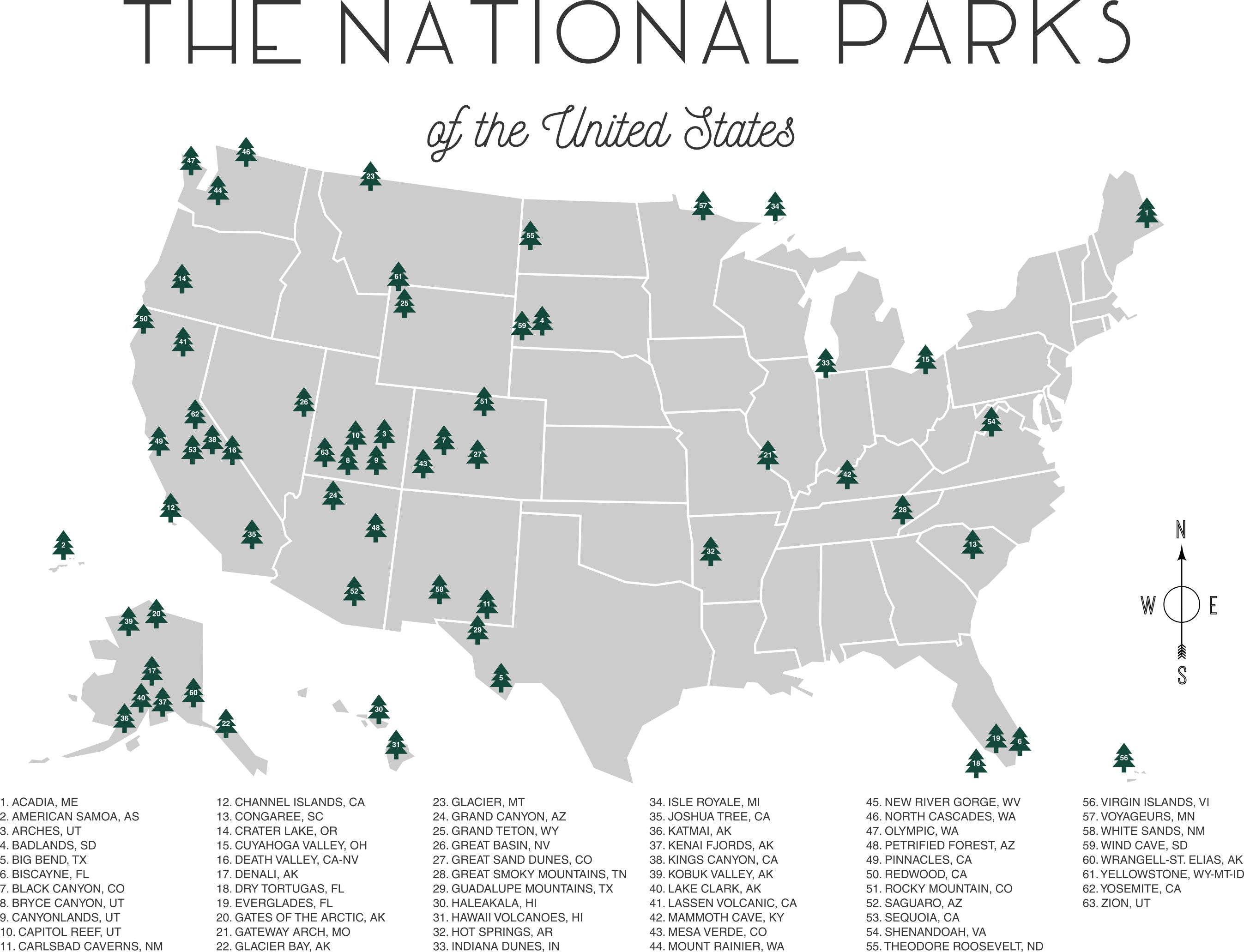 National Parks Map Checklist - Print Designed & Sold By Eric Mason