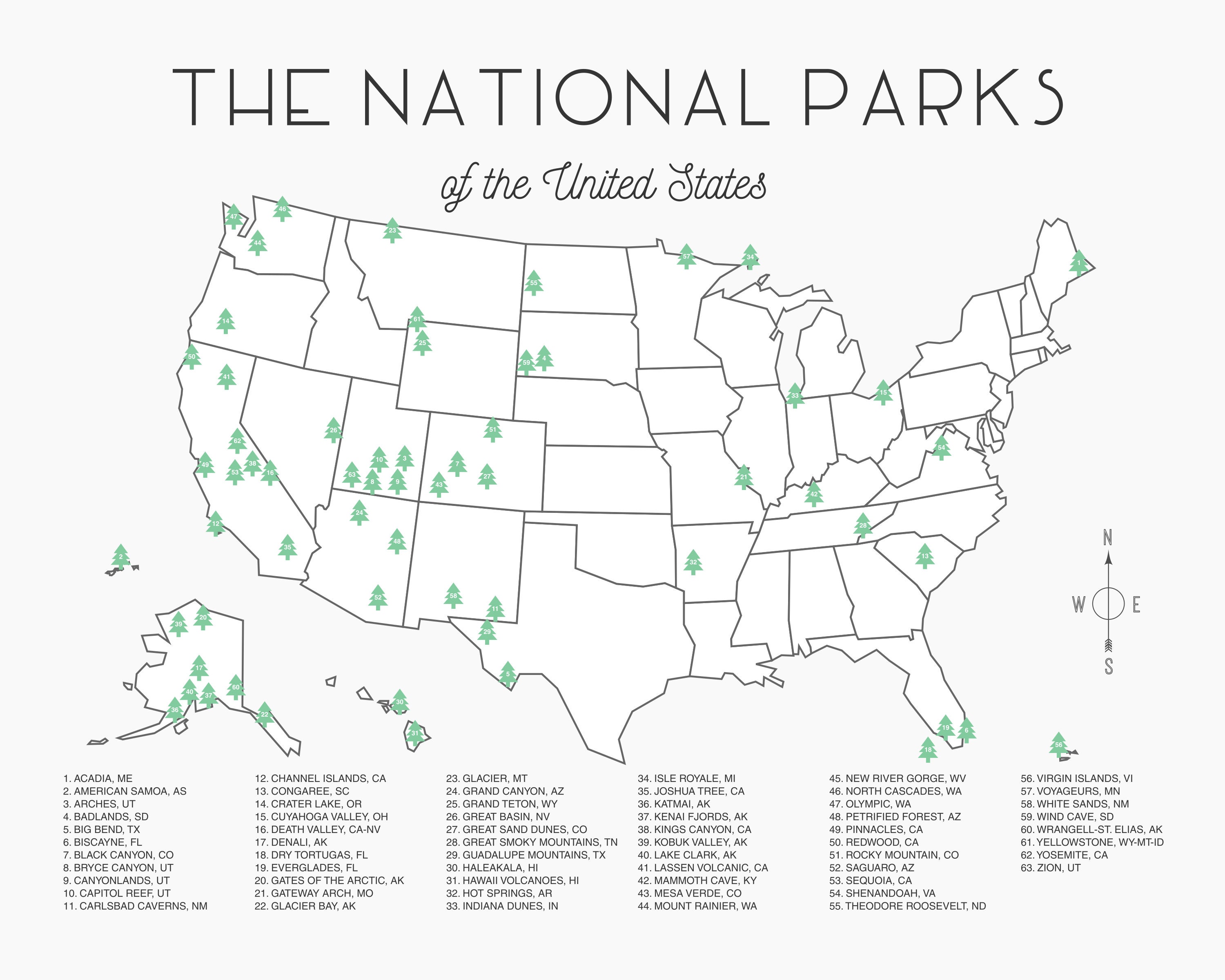 National Parks Map Checklist - Print Designed & Sold By Eric Mason