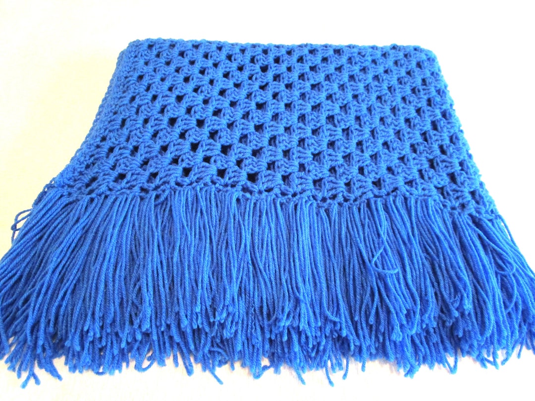 NICE Vintage Royal Blue Throw 6" Fringe Hand Crochet Throw Soft Afghan ...