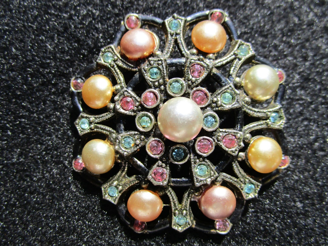 Estate Art Deco Pearl Rhinestone Brooch Pink Aqua Blue Half Pearl ...